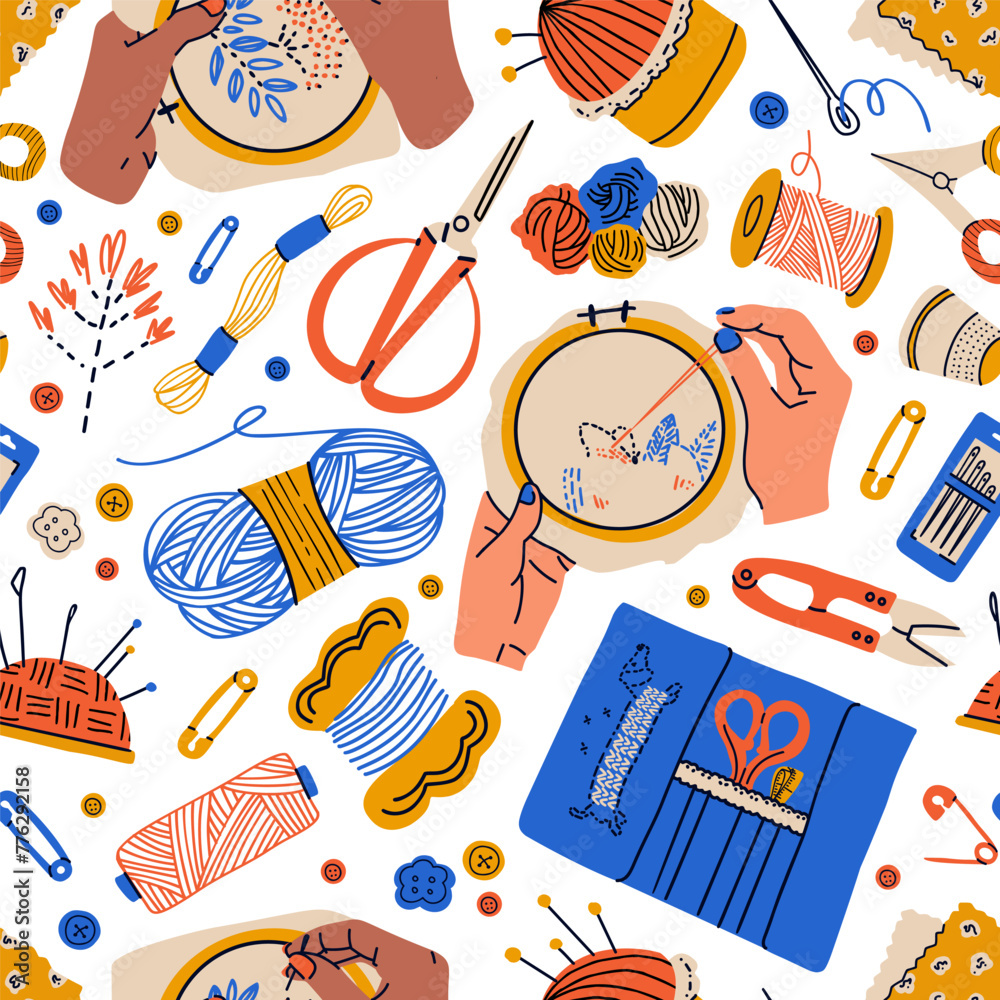 Seamless pattern with different sewing and embroidery tools on white ...