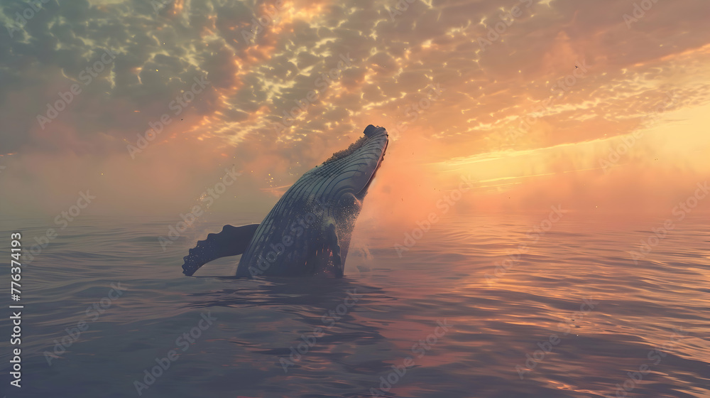 Massive gray whale emerging from the misty ocean spray, its immense ...