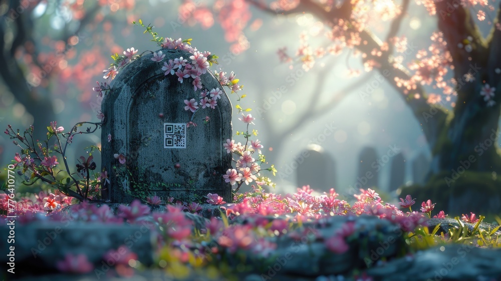Fotografie A granite tombstone adorned with a QR code sticker at its ...