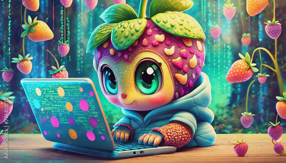 oil painting style Close up of baby strawberry cartoon character hacker hands using laptop with ...