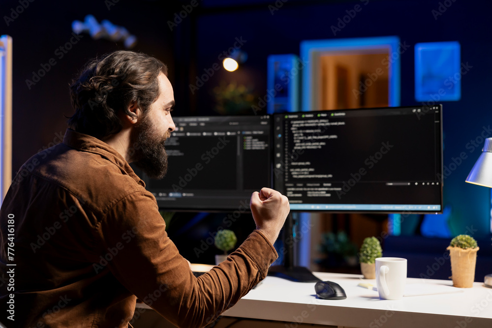 Happy man doing software quality assurance celebrating after reading source code and finding no ...