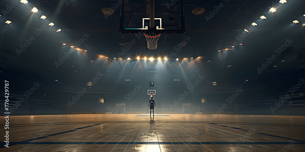 A basketball player in an empty basketball court is illuminated by ...