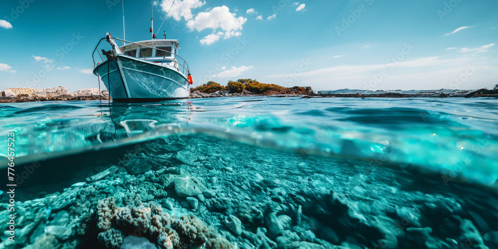Split view of boat above and vibrant coral reef below water. Panoramic ...