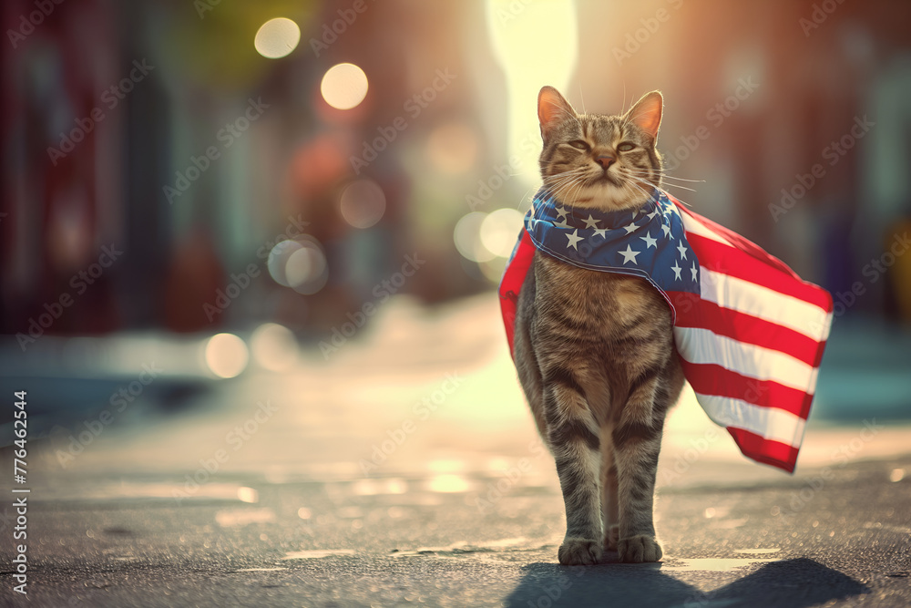 Funny happy patriot cat in New York street with big America flag ...