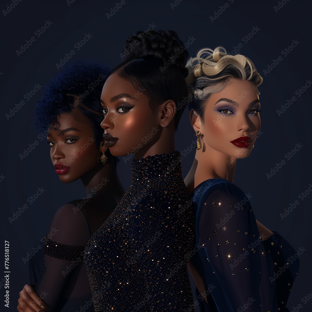 Three mesmerizing women, with their varied skin tones and hairstyles ...