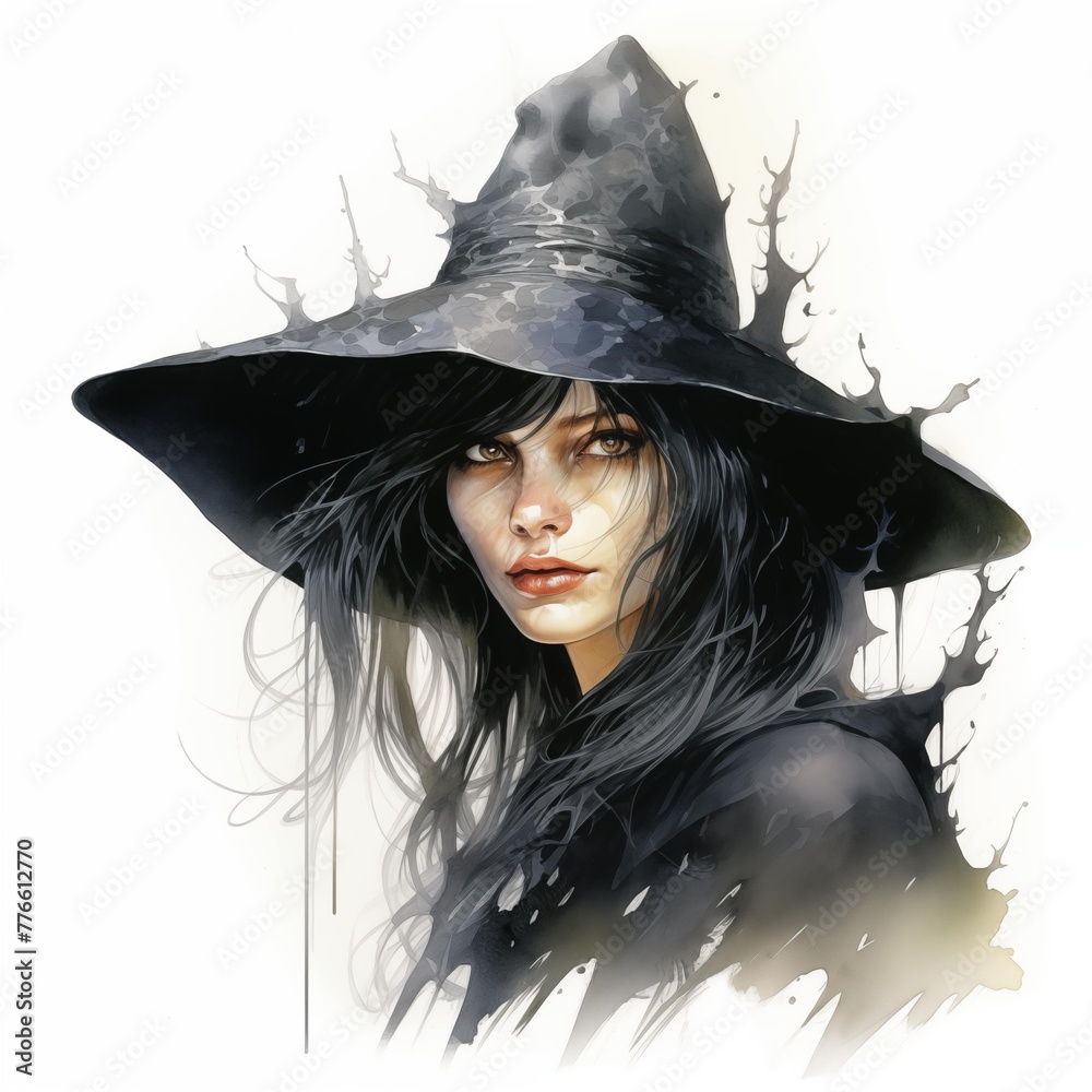 Black witch. Magic witchcraft clipart. Watercolor illustration. Generative AI. Detailed ...