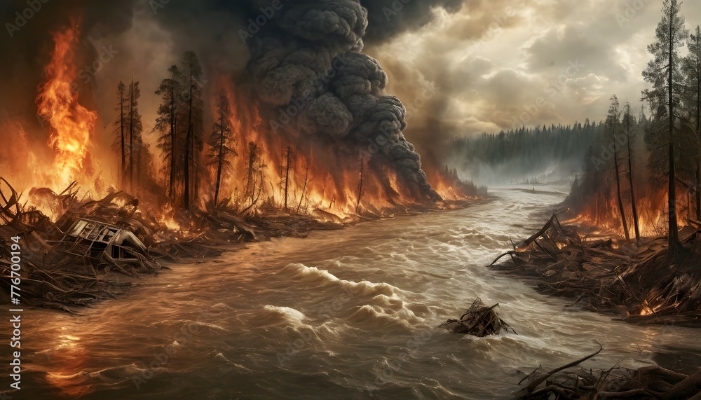 Climate change showing natural disasters, floods and forest fires ...