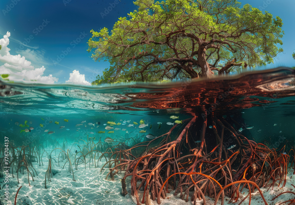 mangroves growing on both sides of shallow water with clear and ...
