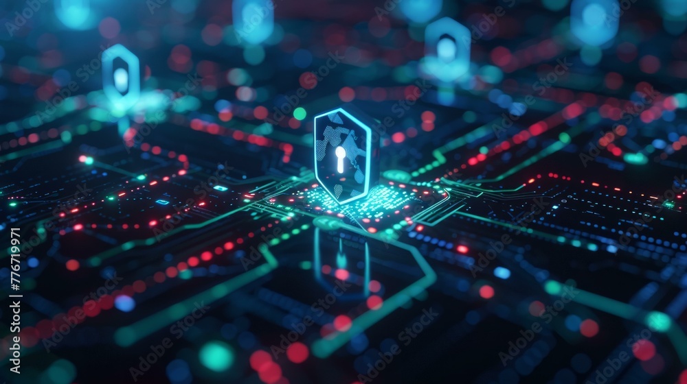 Cyber security data protection, complex network diagrams on screen ...
