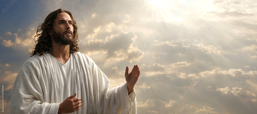 Jesus Christ in a panoramic sky background. Religious concept. Stock ...