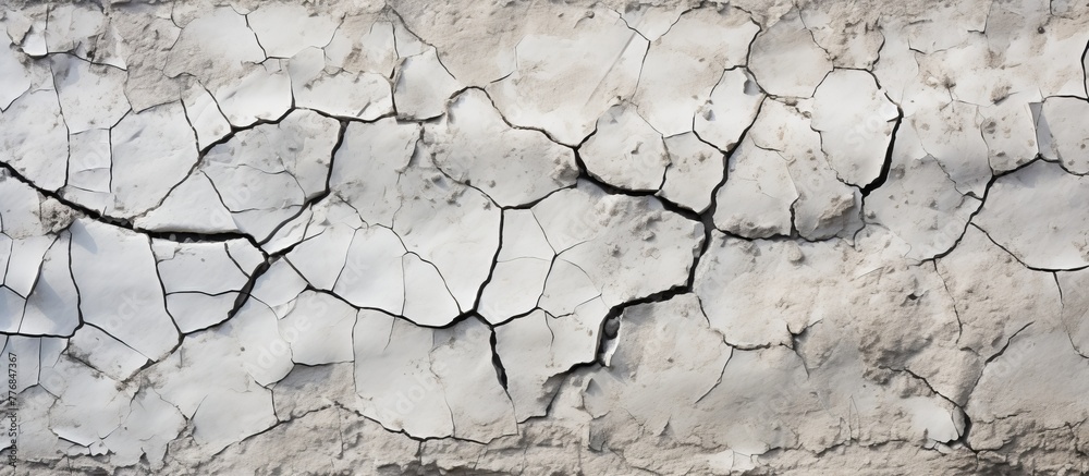 Detailed view of a white wall featuring numerous cracks and fractures ...
