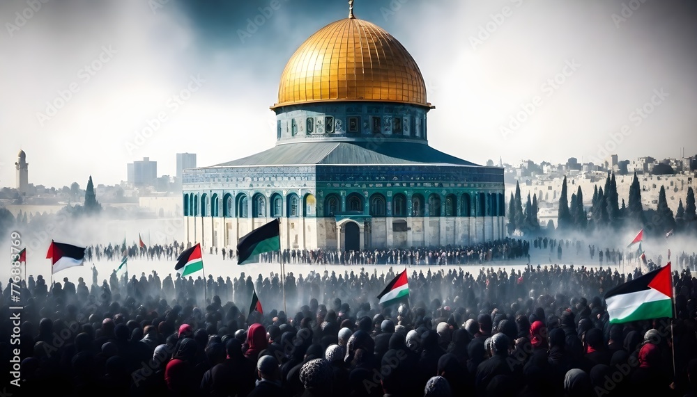 Eid Celebration in Palestine Masjid Aqsa, A large crowd of people of ...