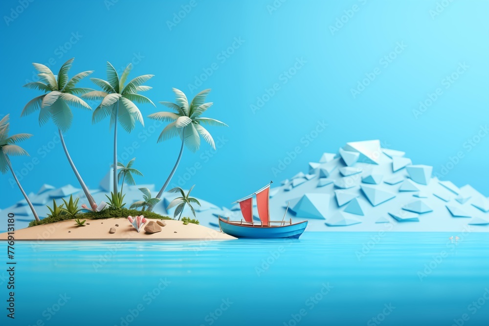 Card template with coconut tree on little island and cute boat on blue ...