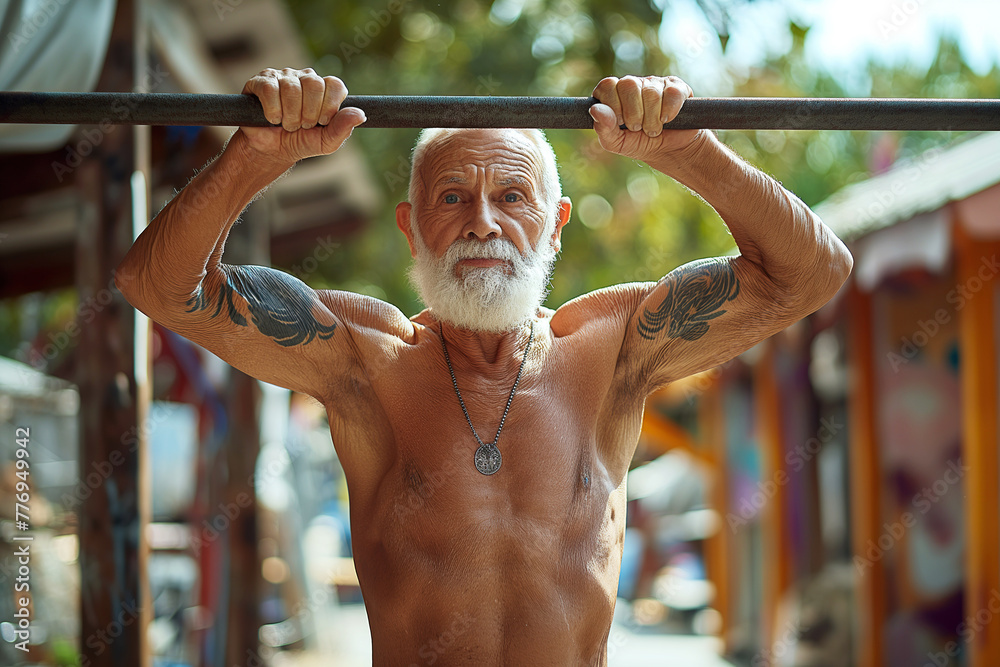 elderly old athletic male athlete shirtless pull-up on horizontal bars ...