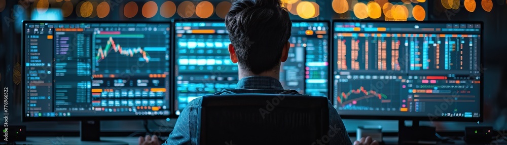 showing their back, professional at work with multiple monitors Stock ...