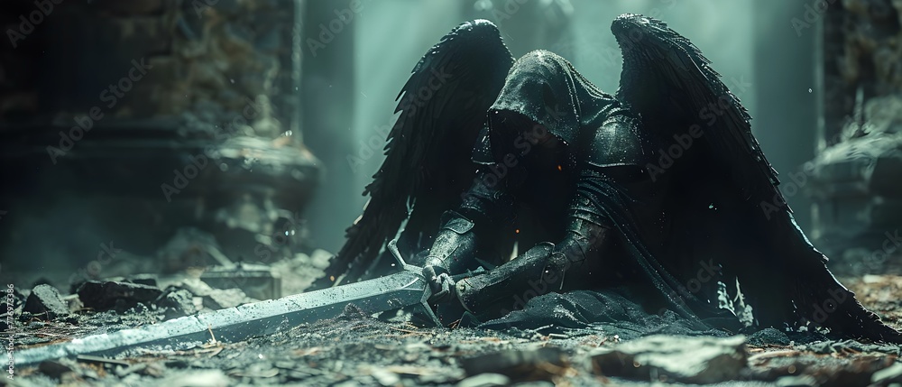 Fallen angel with sword in ground against destroyed building backdrop ...