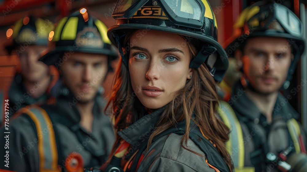 Group of male and female firefighters wearing their firefighting ...