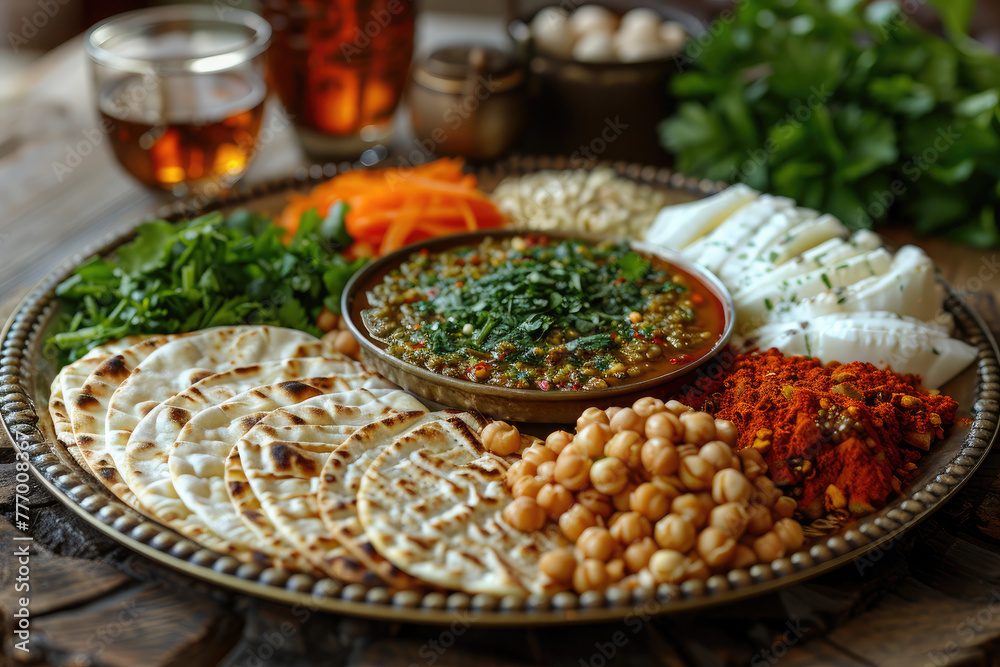 Matzah, Passover Seder plate (keara) with symbolic foods: Maror,Haroset ...