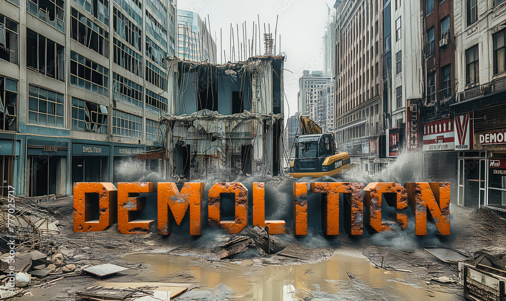 The word DEMOLITION stands bold and shattered amidst a construction ...