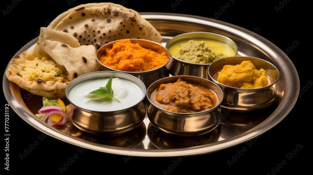 A traditional Indian thali with different types of breads, dals, and ...