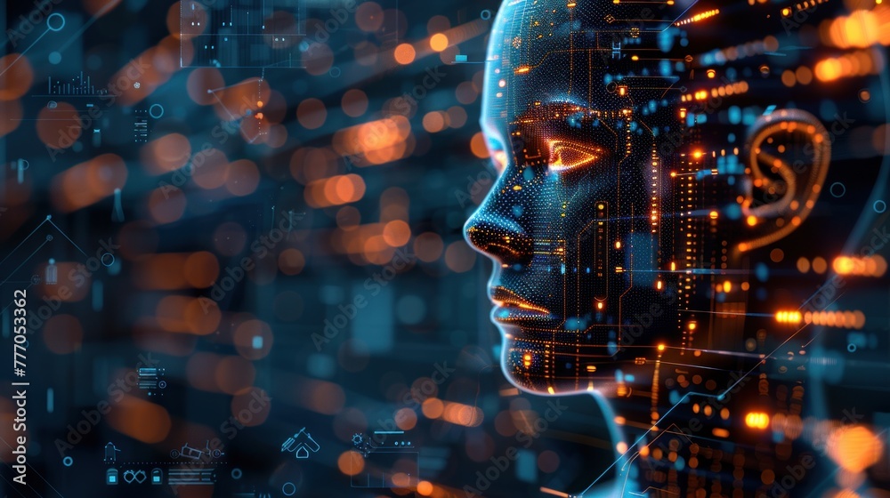 A digital rendering of a human face overlaid with complex circuit ...