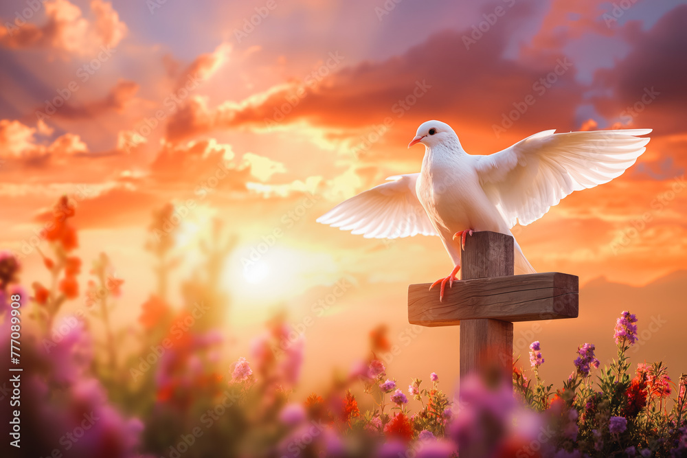 White dove with spread wings standing over the holy cross of Jesus Christ symbolize death and ...