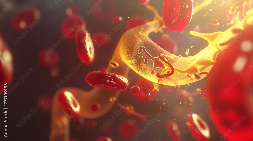 Digital art representation of red blood cells with plasma flow ...