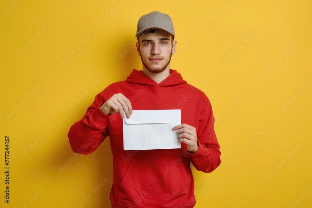 Drop shipping business delivery guy holding white polythene envelope ...