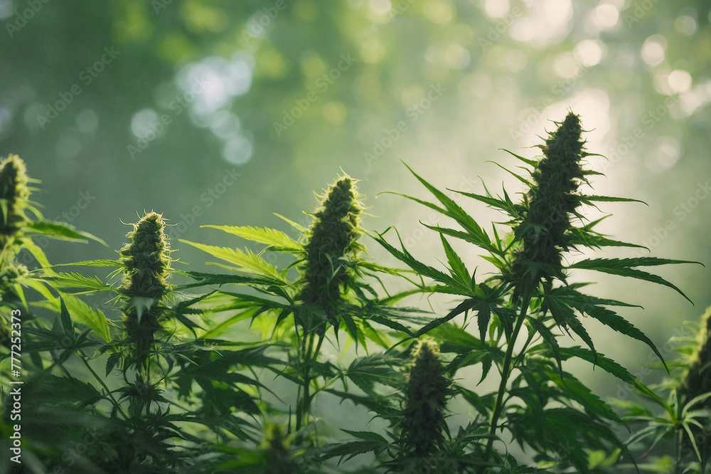 Marijuana plants in the sunshine on a blurred green background. The ...