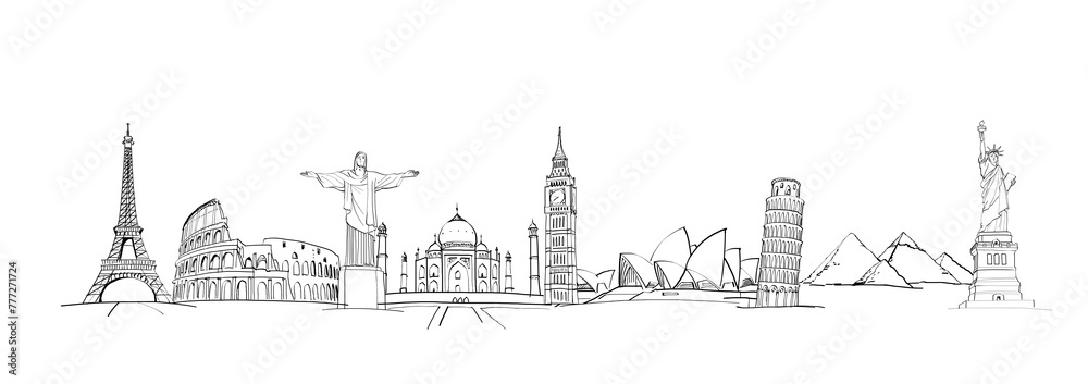 Line drawing of famous world landmarks on a white background, depicted ...