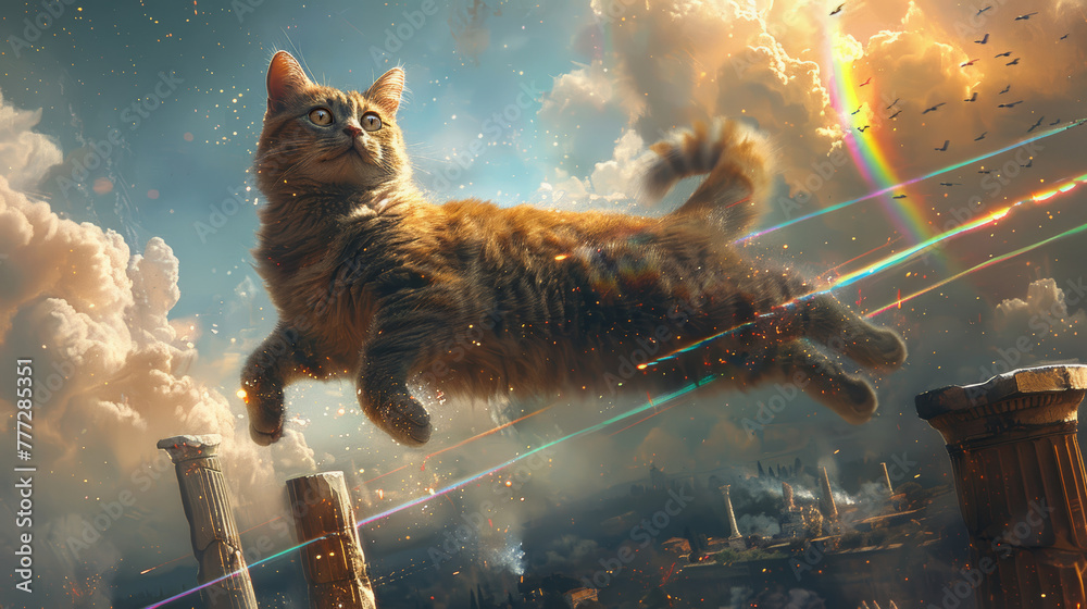 Ginger Cat, clad in a toga, zooms past Roman columns, leaving a trail ...