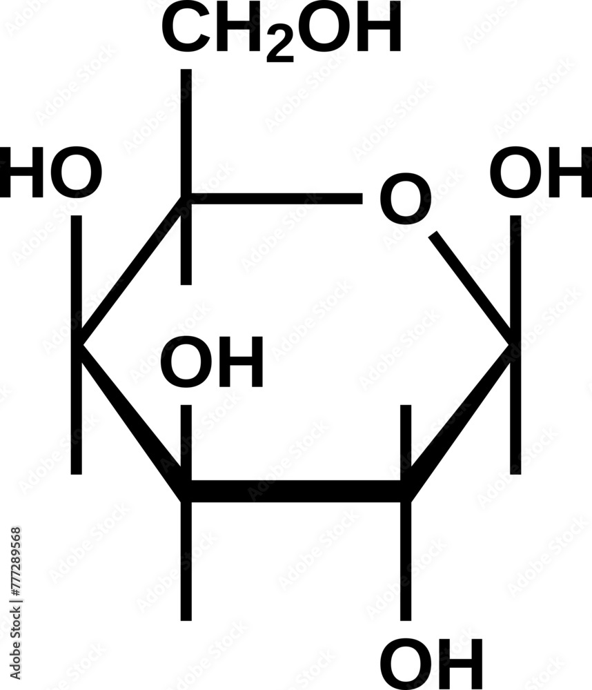Beta-galactose cyclic structural formula, pyranose form of D-galactose ...