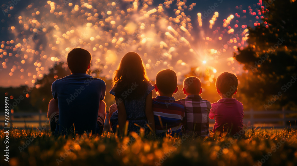 family watching beautiful fireworks. Holiday fireworks for the 4th of ...