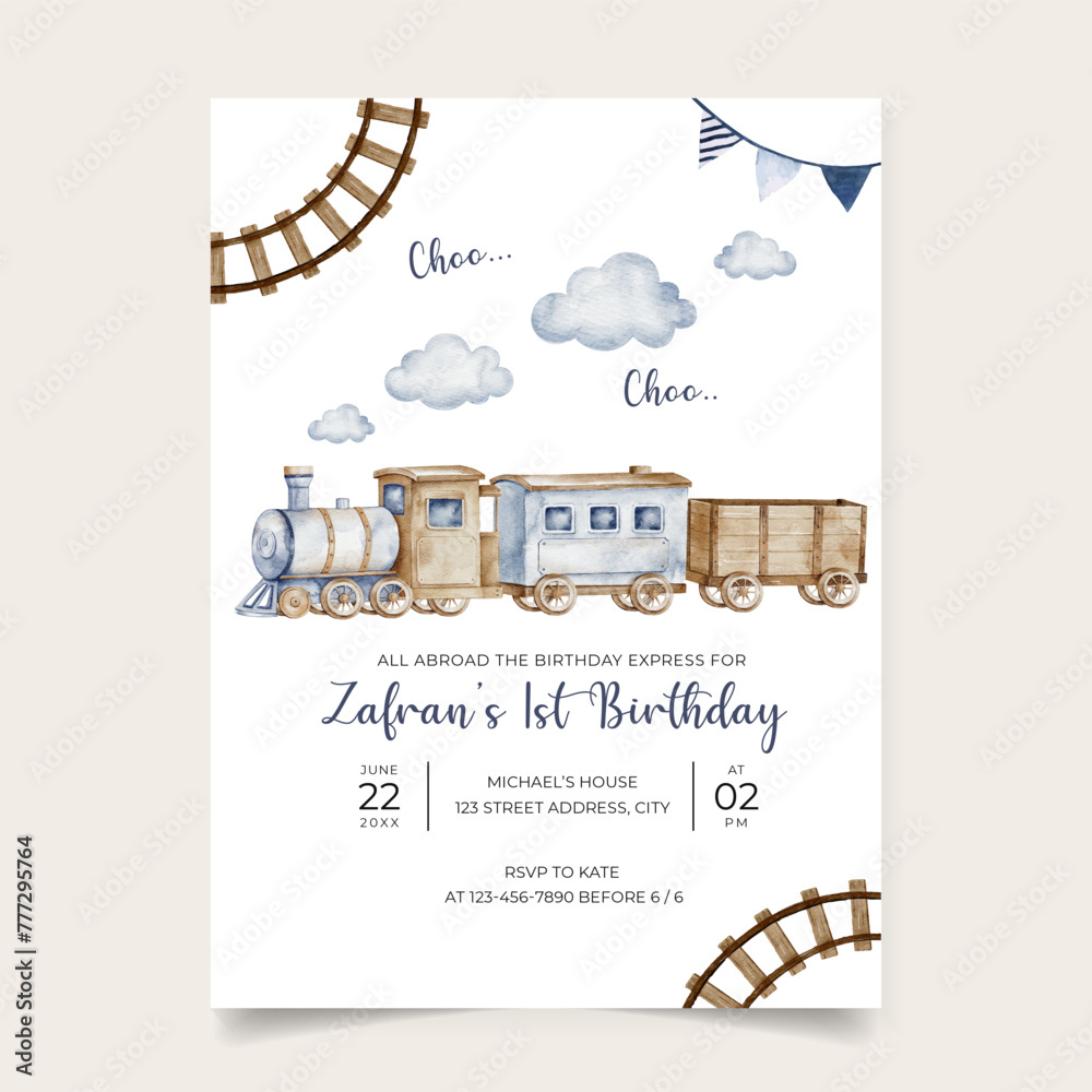 Train Birthday Invitation Card Template, Boys Birthday Invitation Stock ...