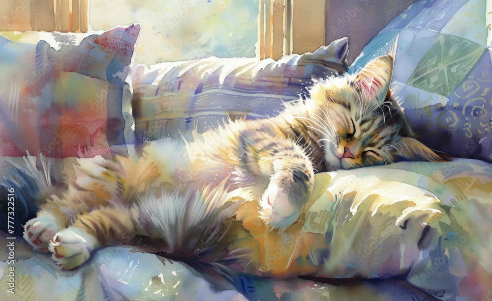 Watercolor realistic painting of a cat comfortably laying on a couch ...
