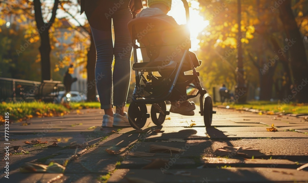 mother enjoying a walk with her baby in a stroller along a park's ...