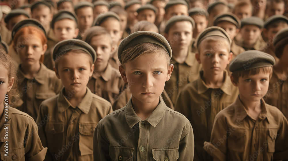 Army formation of children, in military style uniforms, preparing to ...