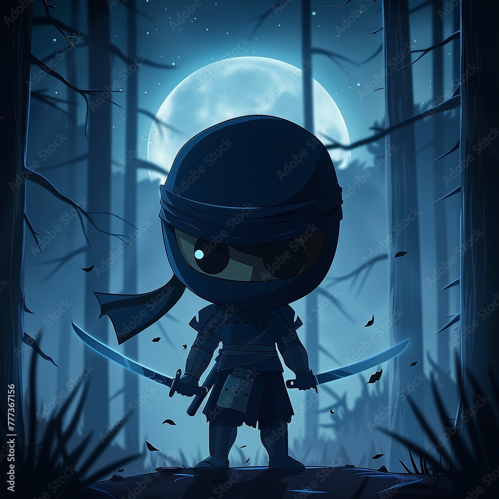 Cartoon samurai ninja, black mask, stealth pose, front view, moonlit ...