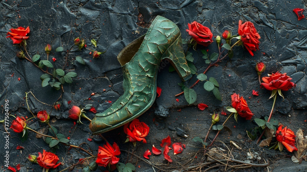 Hyper-realistic green boot on cracked earth with red flowers ...