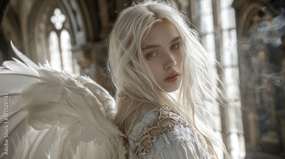 Beautiful sad fallen angel with white hair and wings at old chapel ...