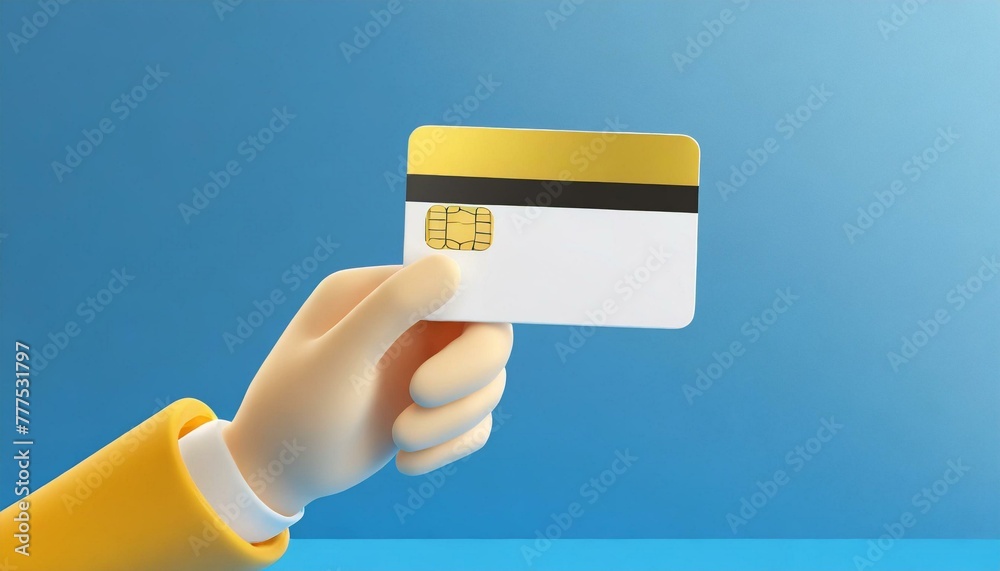 Cartoon hand holding bank credit card isolated and blue background. 3d ...