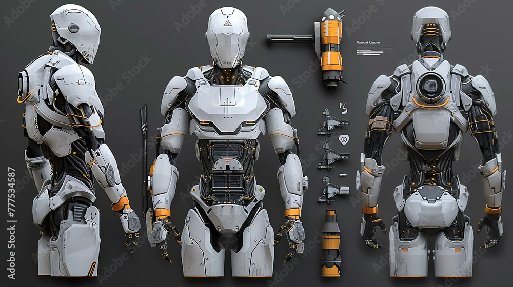 Character sheet concept image showcasing a futuristic warrior with ...