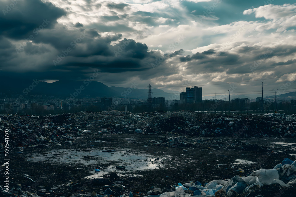 Polluted landscape with garbage dumpsite overshadowing city skyline ...