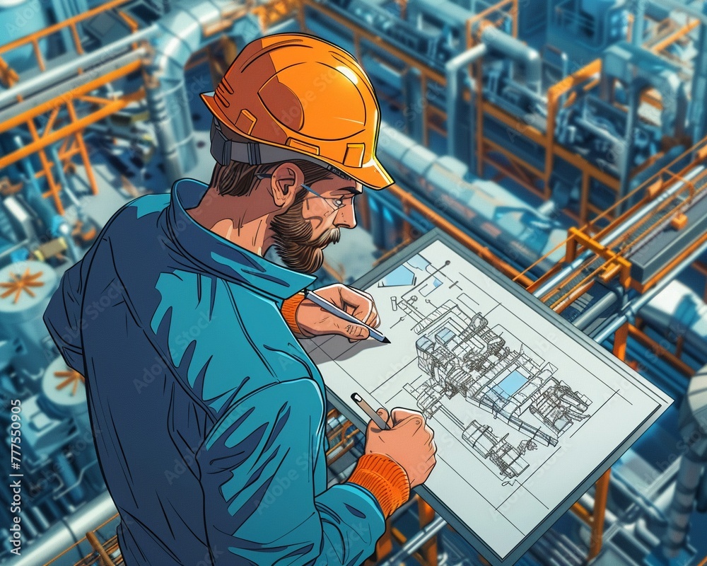 Cartoon engineer with pencil, midsketch, high angle, bustling factory ...