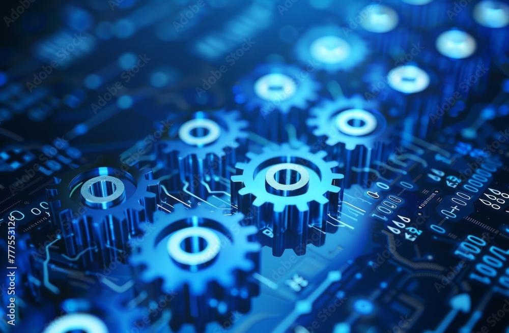 Illustration Stock Blue gear wheels on a binary code background ...