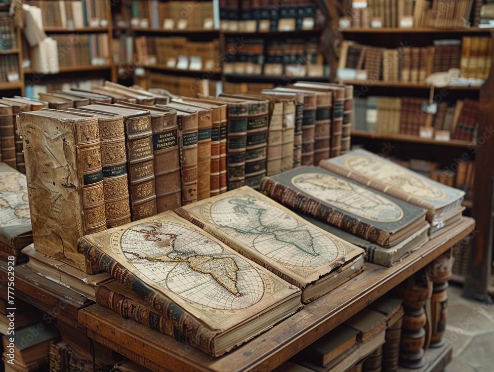 Vintage Bookstore with Antique Maps of the World Fading into Shelves ...