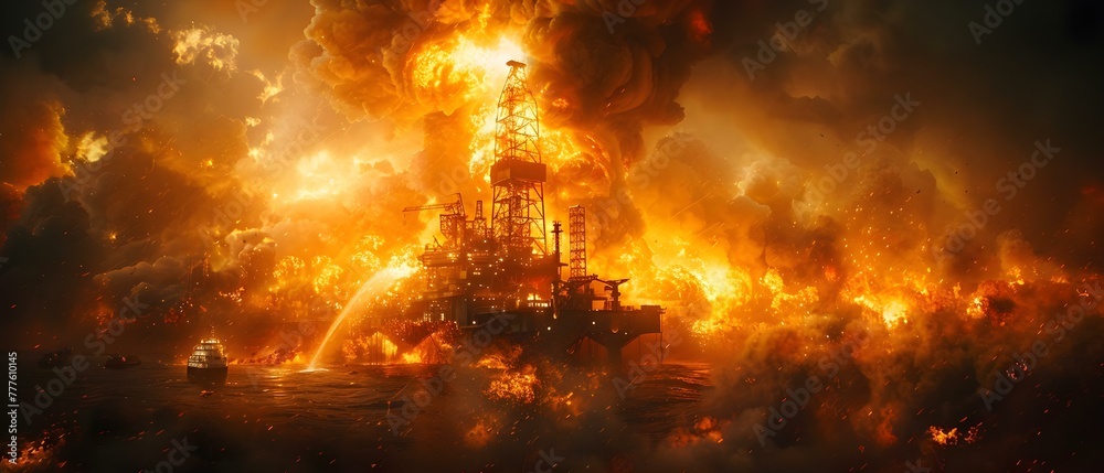 Fotografie Catastrophic Fire and Danger on Industrial Platform ...