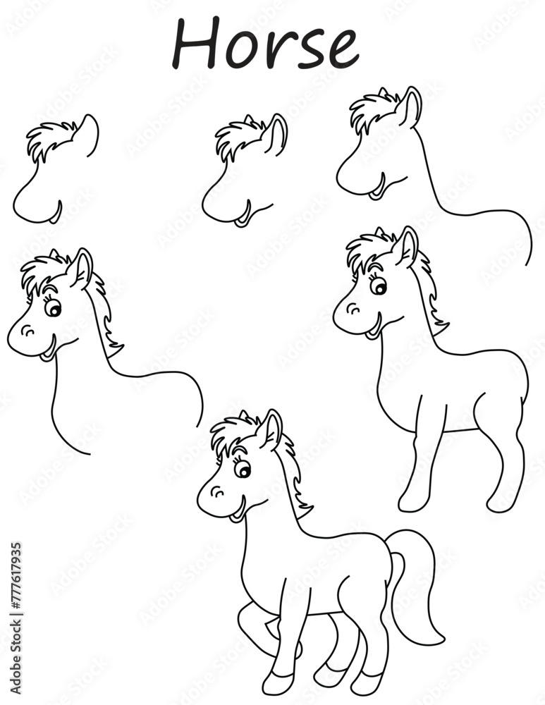 Step by step to draw a Horse. Drawing tutorial a Horse. Drawing lesson ...