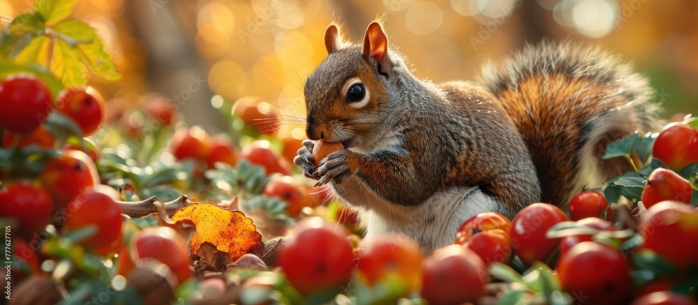 A squirrel is eating a piece of food while perched in a bush, with its ...