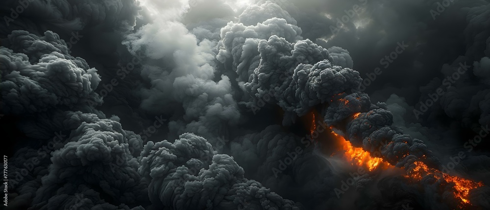 Tank farm fire produces dense black smoke from burning. Concept Tank ...